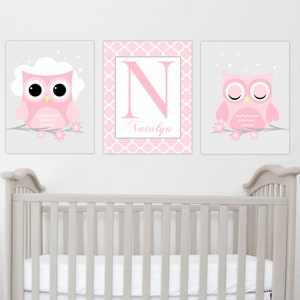 Pink Owl Baby Girl Nursery Wall Art Pink Owls Birds Personalized Art ...