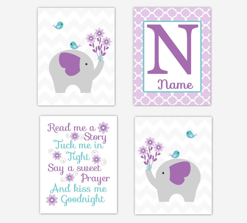 Elephant Baby Girl Nursery Wall Art Purple Teal Elephants | Etsy