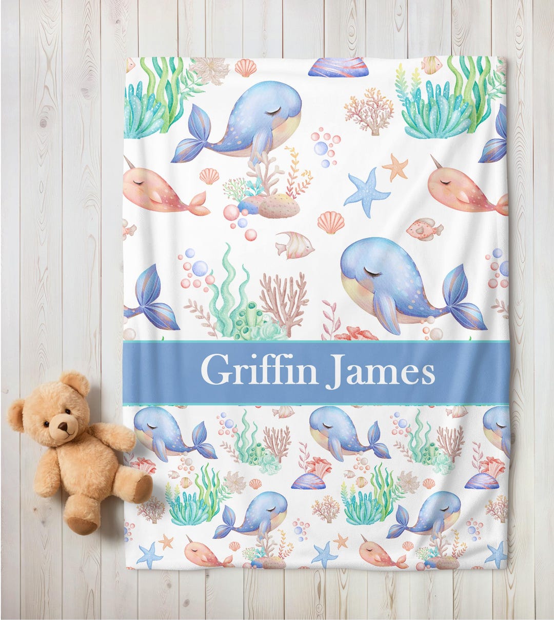 Personalized Baby Blanket Whale Sea Creatures Boy Blanket Newborn Baby ...
