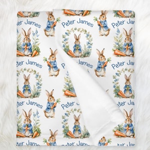 Personalized Rabbit Baby Boy Blanket, Custom Name Crib Blanket, Swaddle ...