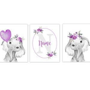 Elephant Baby Girl Nursery Art Purple Floral Crown Elephants - Etsy