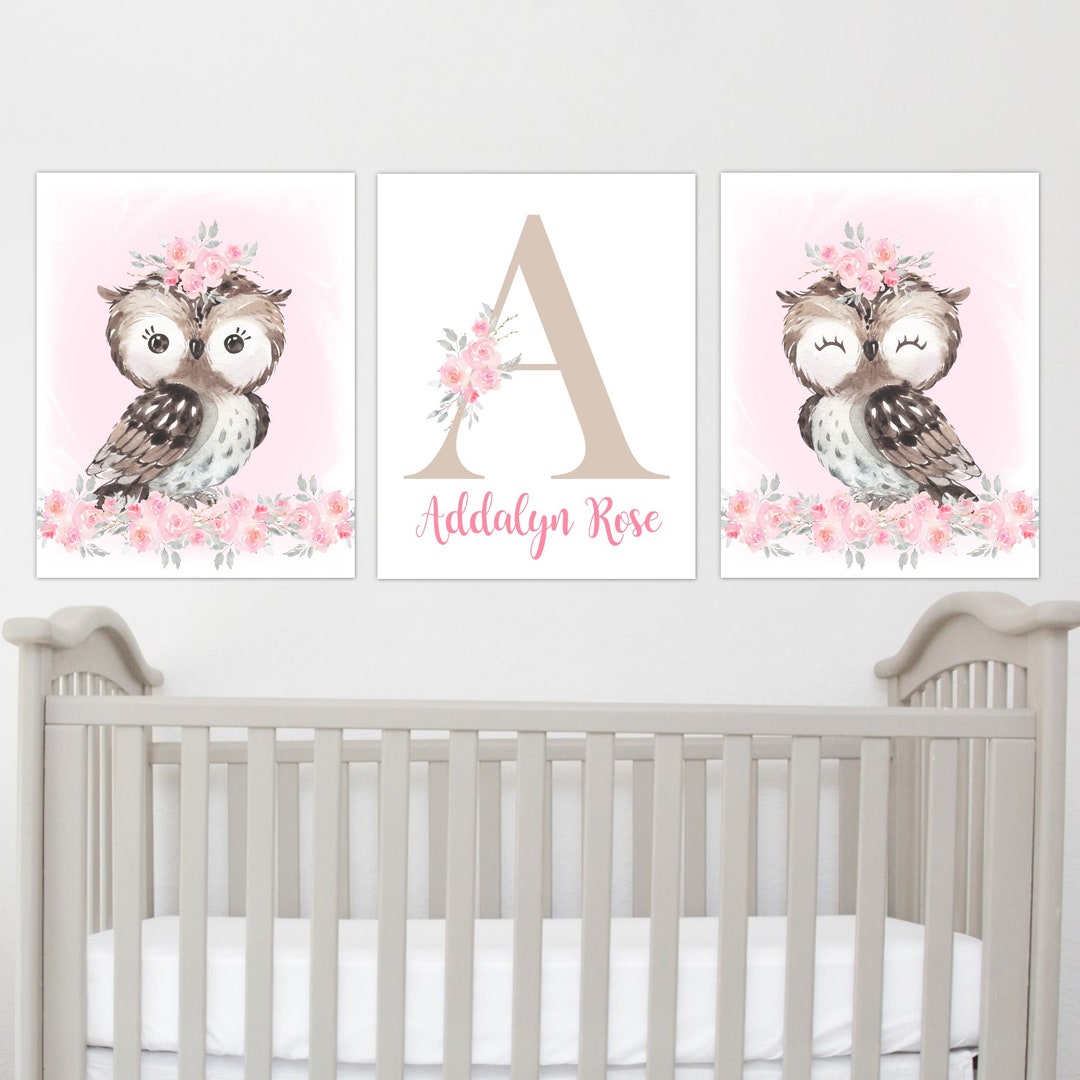 Owl Baby Girl Nursery Wall Art Prints Pink Floral Owl Personalized ...