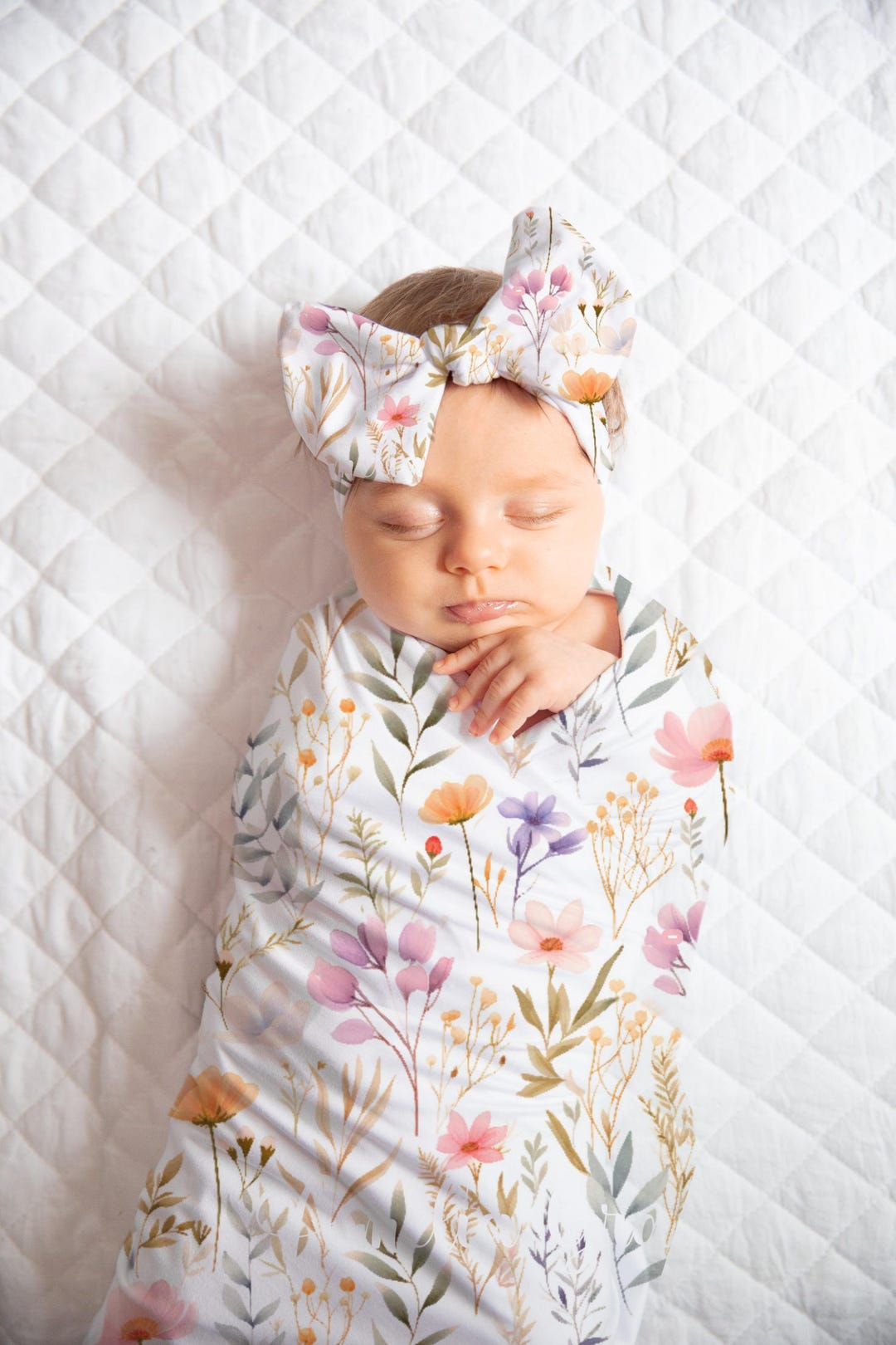 Wildflower Baby Girl Swaddle Set, Floral Bow Knot Cap or Beanie ...