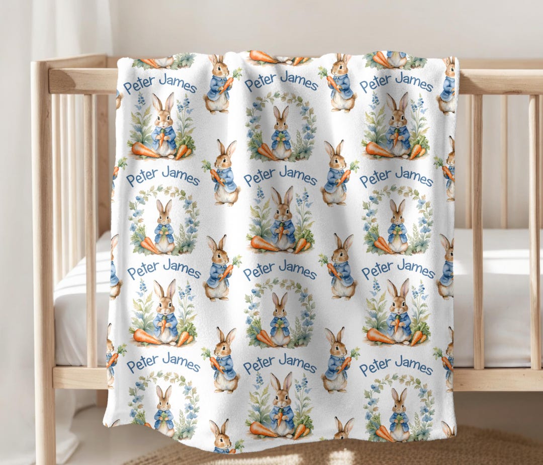 Personalized Rabbit Baby Boy Blanket – Custom Name Swaddle Set – Crib ...