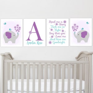 Elephant Baby Girl Nursery Wall Art Purple Teal Elephants Personalize ...