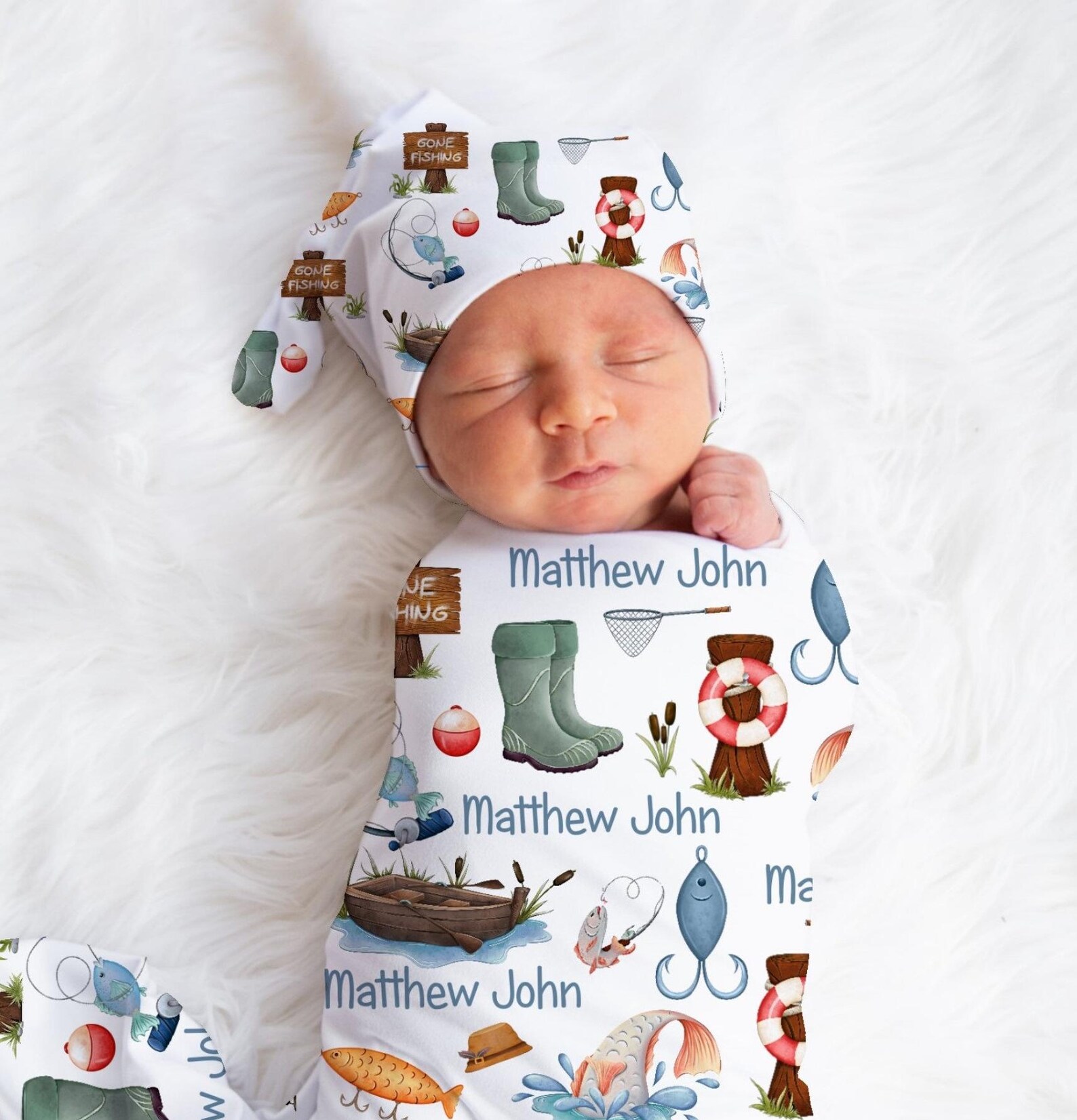Personalized Baby Boy Swaddle, Fishing Baby Blanket, Personalized Baby ...