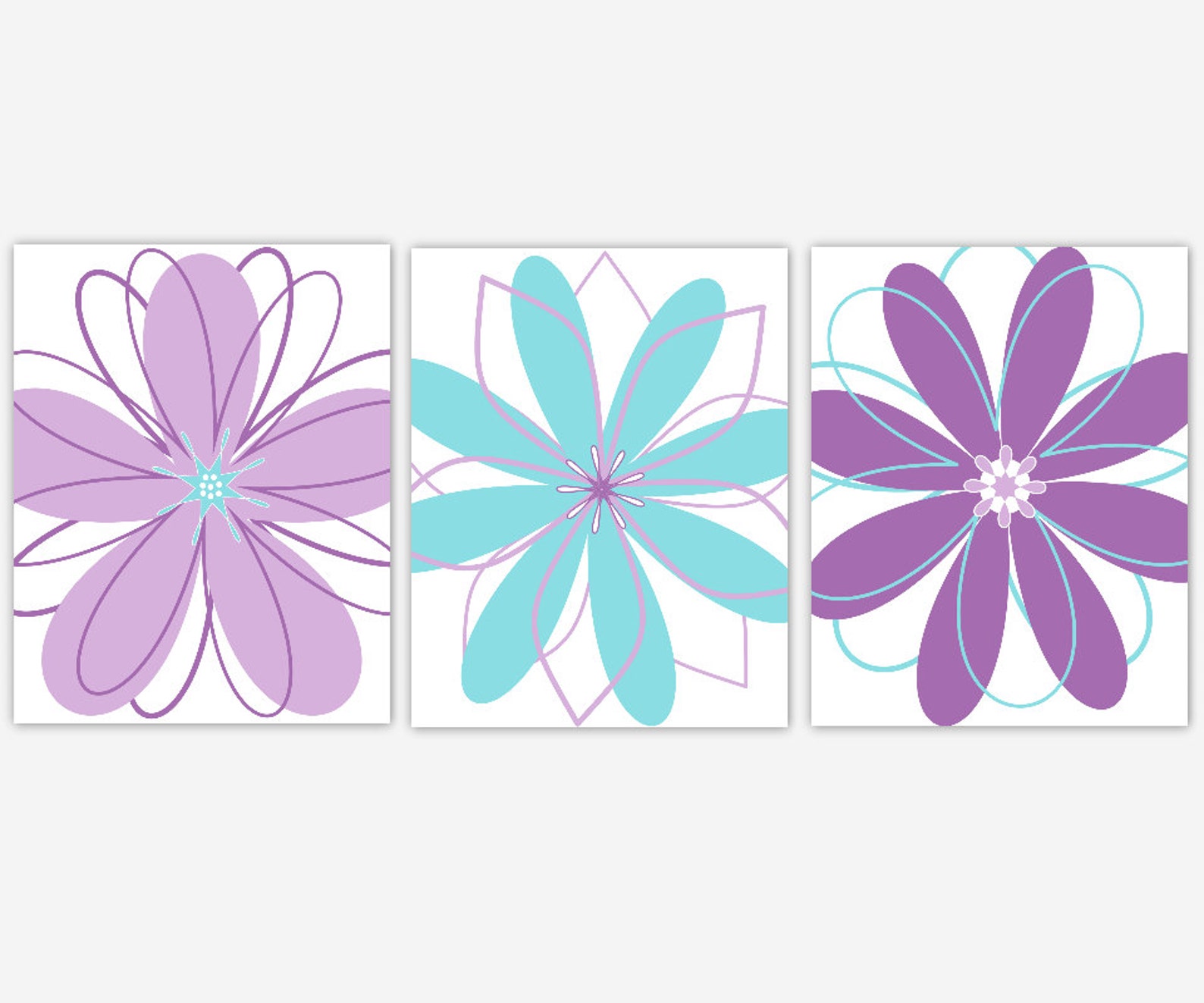 Purple Aqua Lavender Teal Flower Prints Girl Bedroom Art Wall - Etsy