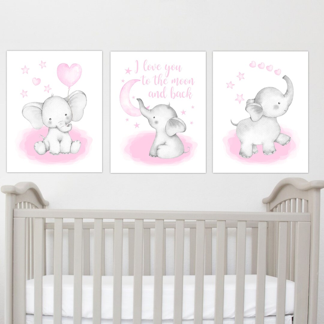 Elephant Baby Girl Nursery Art, Watercolor Pink Elephant Wall Decor ...