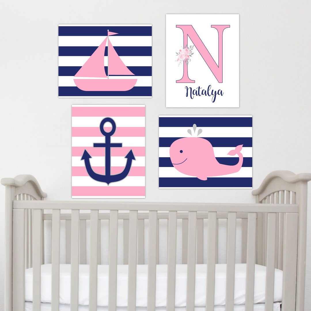 NAUTICAL Baby Girl Nursery Wall Art Pink Navy Blue Personalized Decor ...
