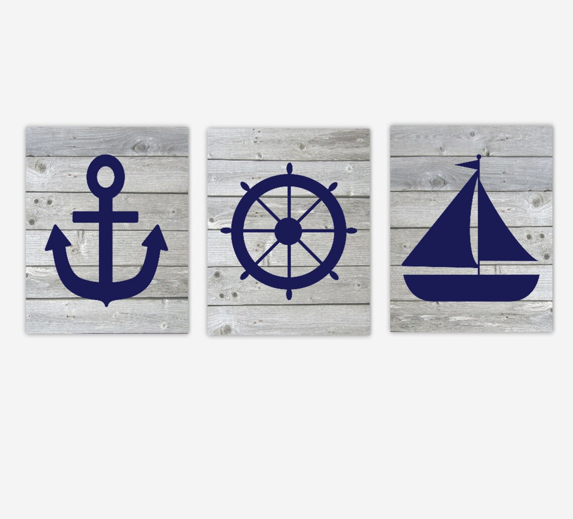 Nautical Wall Art Prints Navy Blue Gray Sailboat Anchor | Etsy