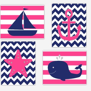 Nautical Girl Wall Art Pink Navy Blue Girls Nautical Wall | Etsy