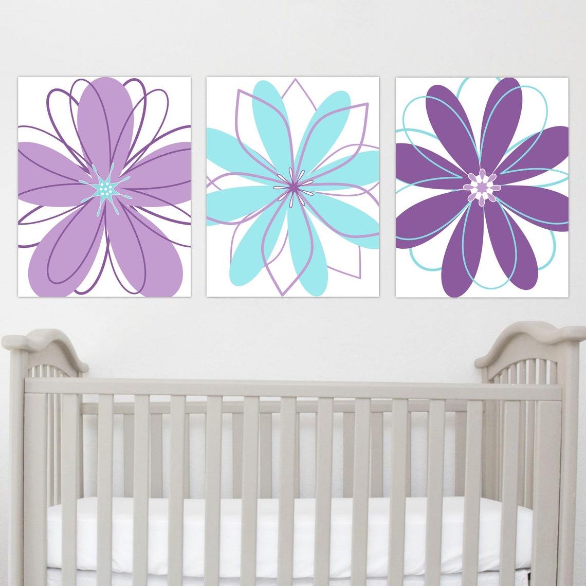 Purple Aqua Lavender Teal Flower Prints Girl Bedroom Art Wall - Etsy