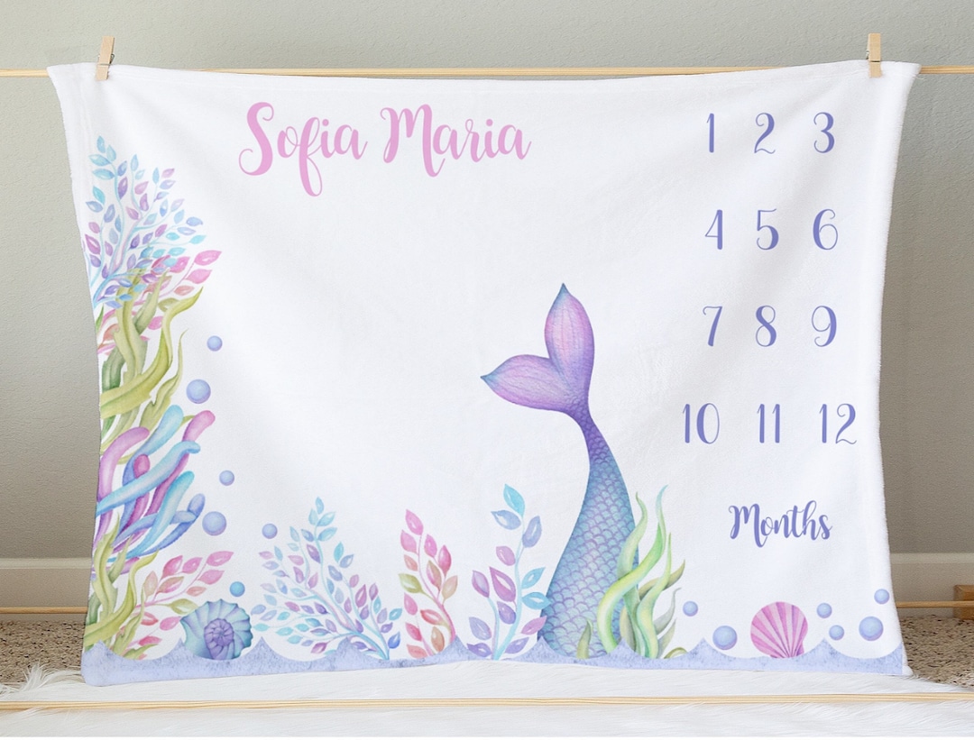 Personalized Mermaid Tail Baby Girl Milestone Blanket | Monthly Growth ...
