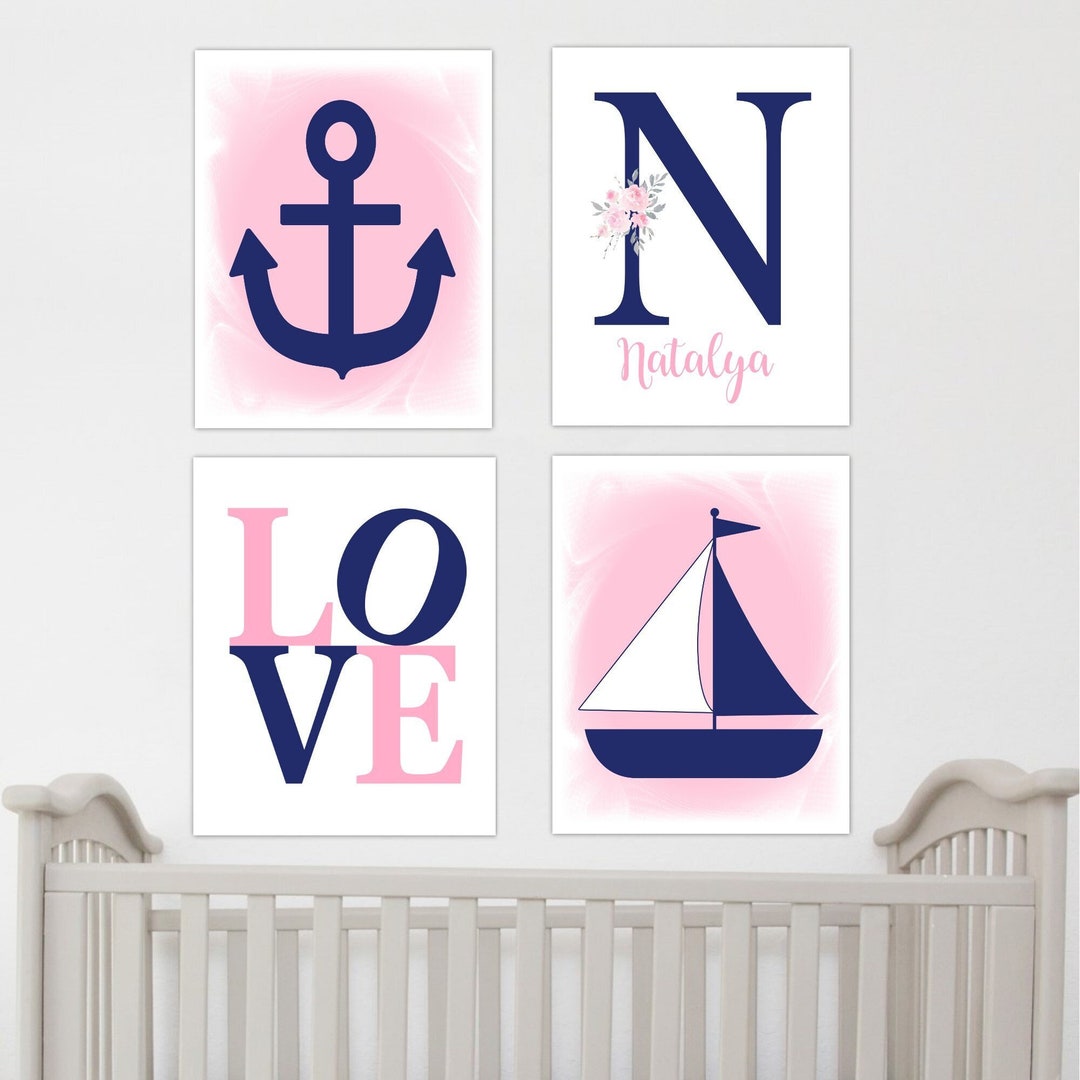 Nautical Baby Girl Nursery Art Navy Blue Pink Nautical Canvas Art Girls ...