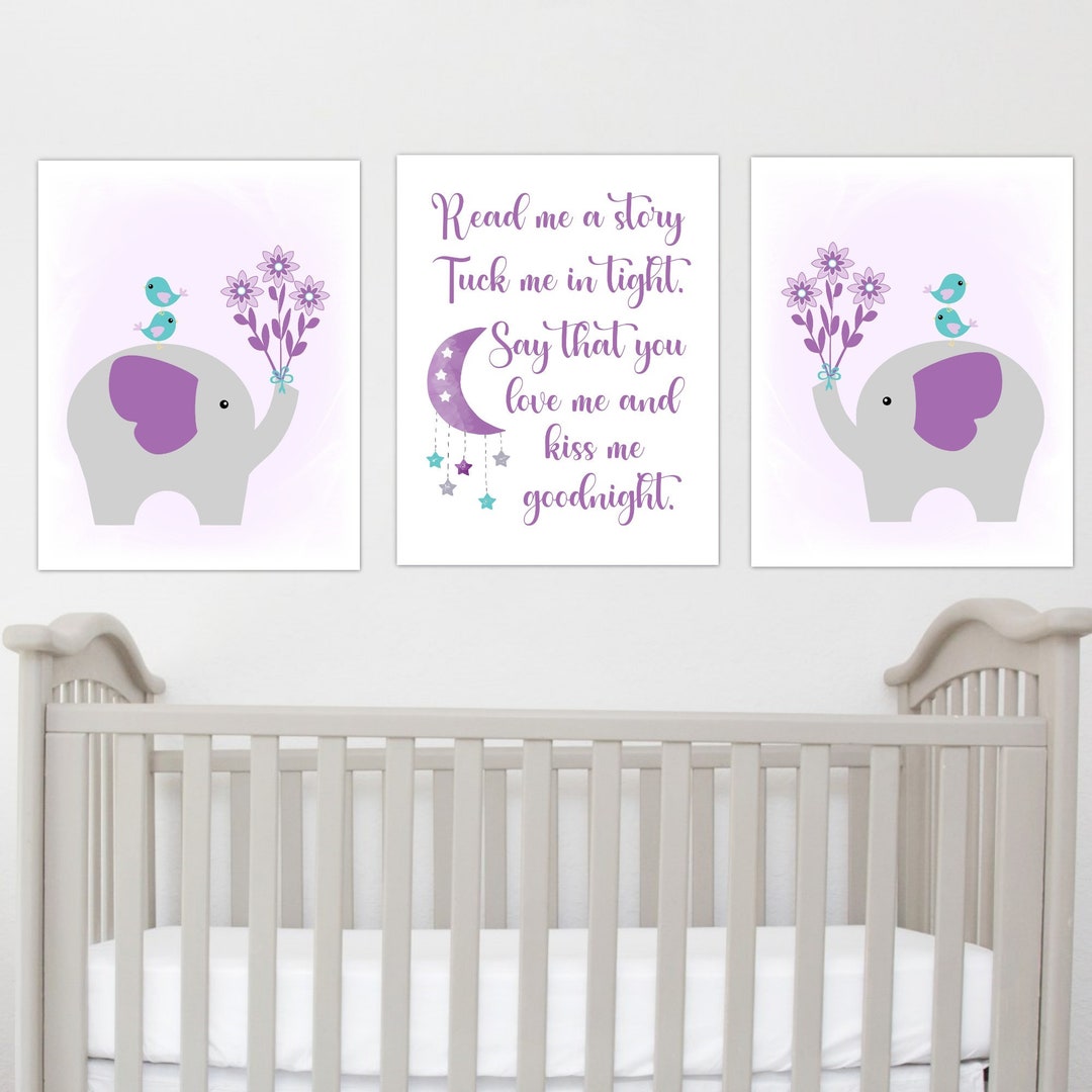 Elephant Baby Girl Nursery Wall Art Purple Teal Elephant Decor Canvas ...
