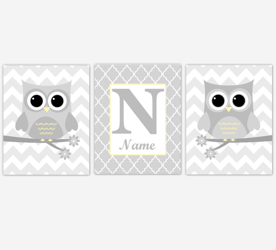 OWL Baby Nursery Wall Art Owls Yellow Gray Owl Decor Gender | Etsy