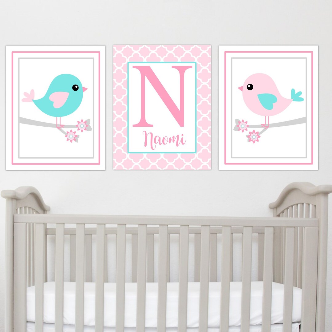Baby Girl Nursery Art, Pink Aqua Birds, Personalize Baby Decor, Bird ...