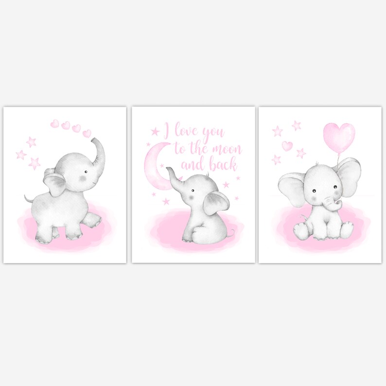 Elephant Baby Girl Nursery Art Watercolor Pink Elephant Wall - Etsy