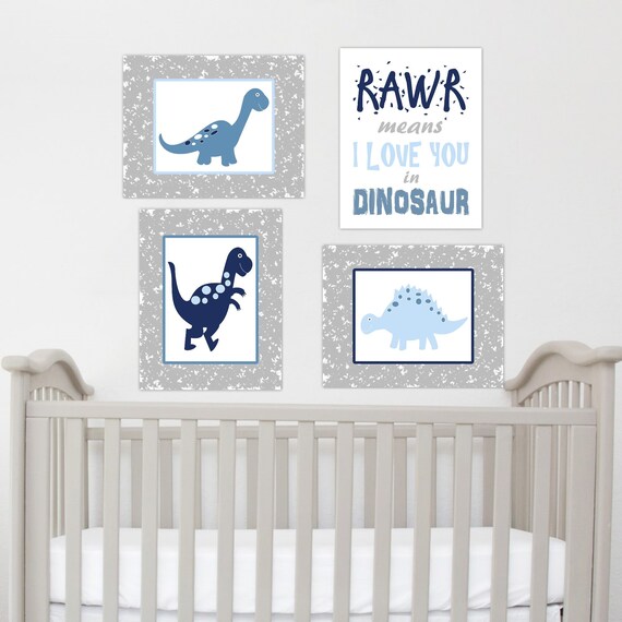 Dinosaur Baby Boy Nursery Art Blue RAWR Means I Love You in - Etsy