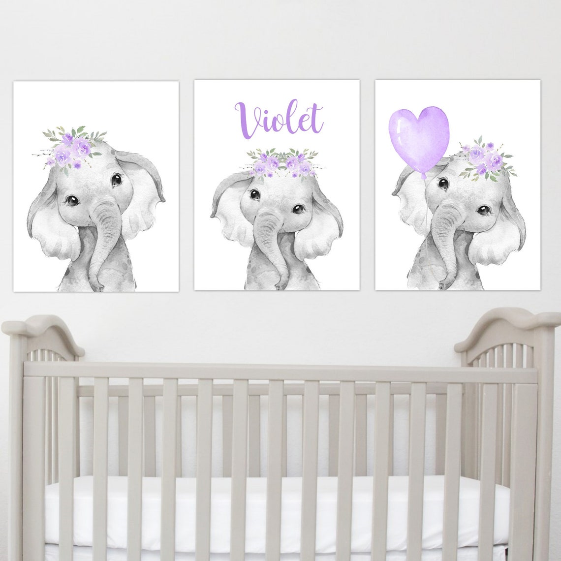 Baby Elephant Wall Art Baby Girl Nursery Decor Purple Floral | Etsy