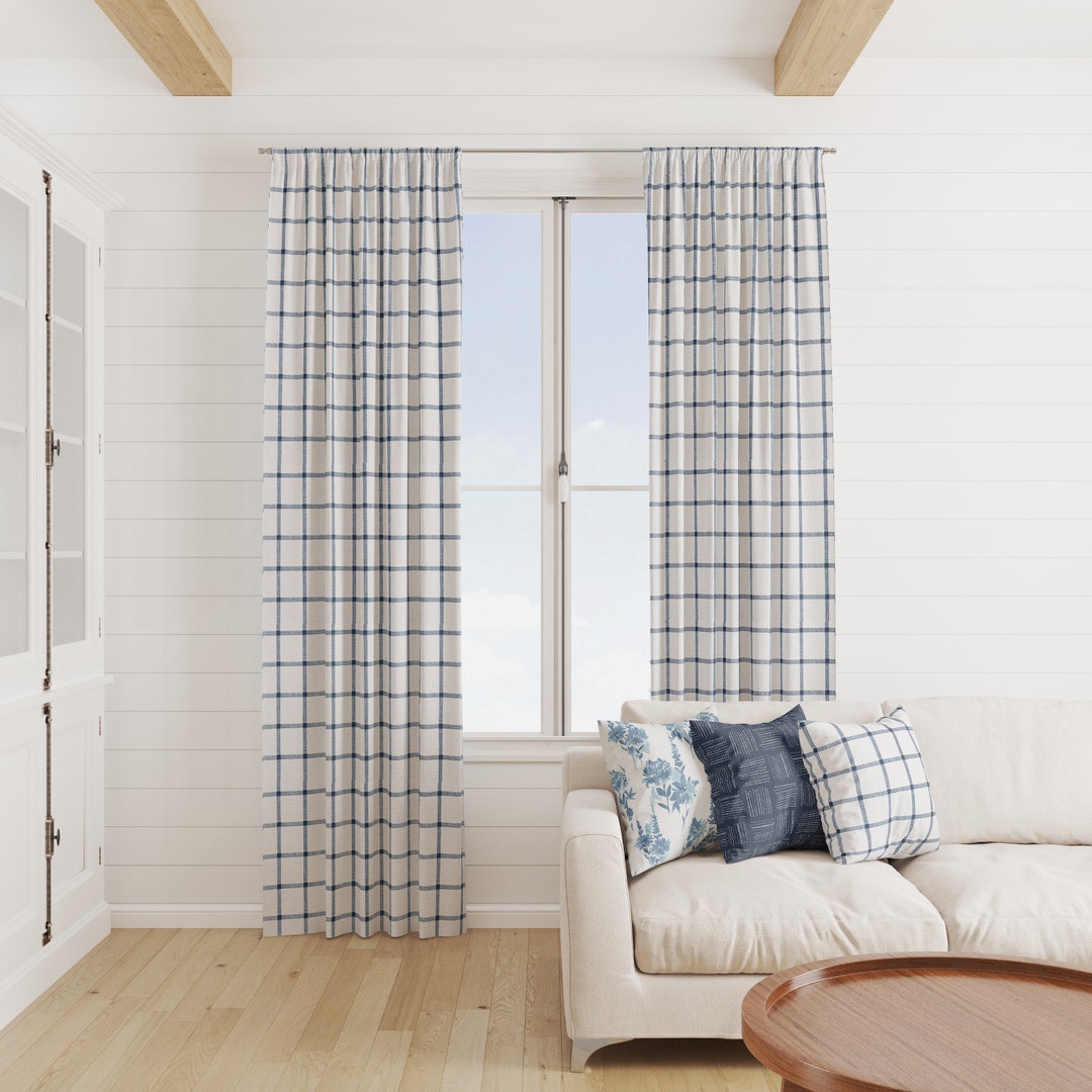 Navy and White Checkered Designer Curtains, Dark Blue Checkered ...