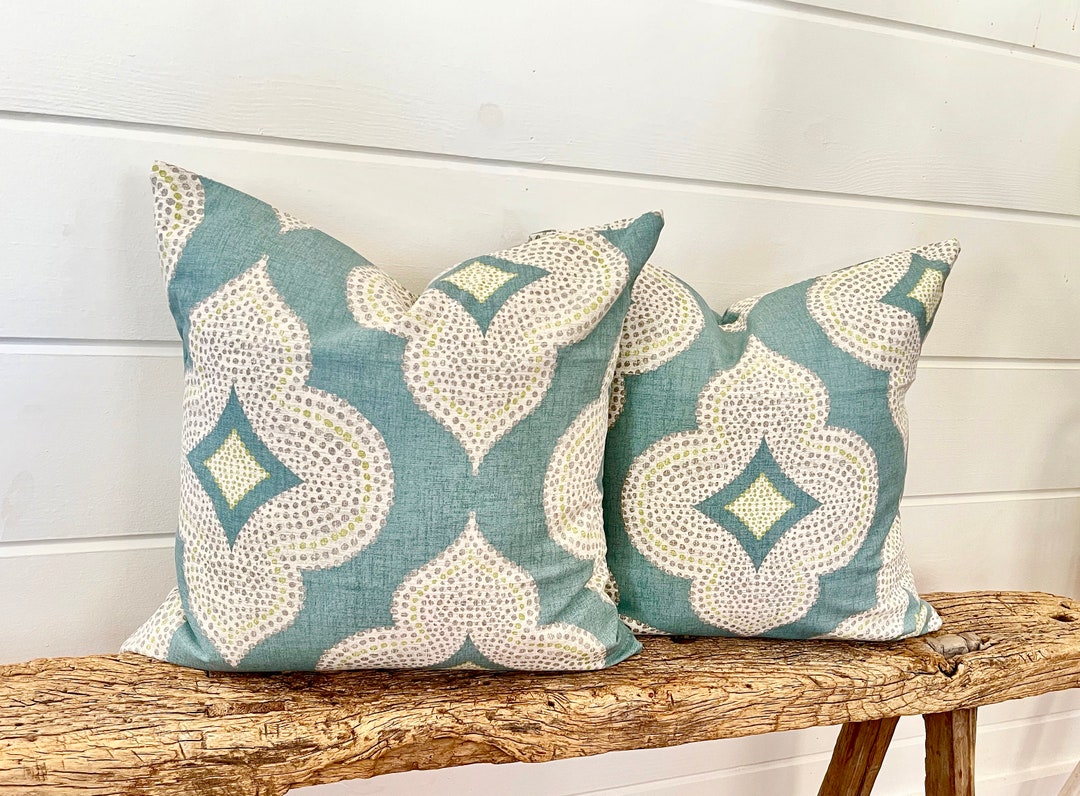 Two Magnolia Pillow Covers, Moroccan Damask Turquoise Blue Decorative ...
