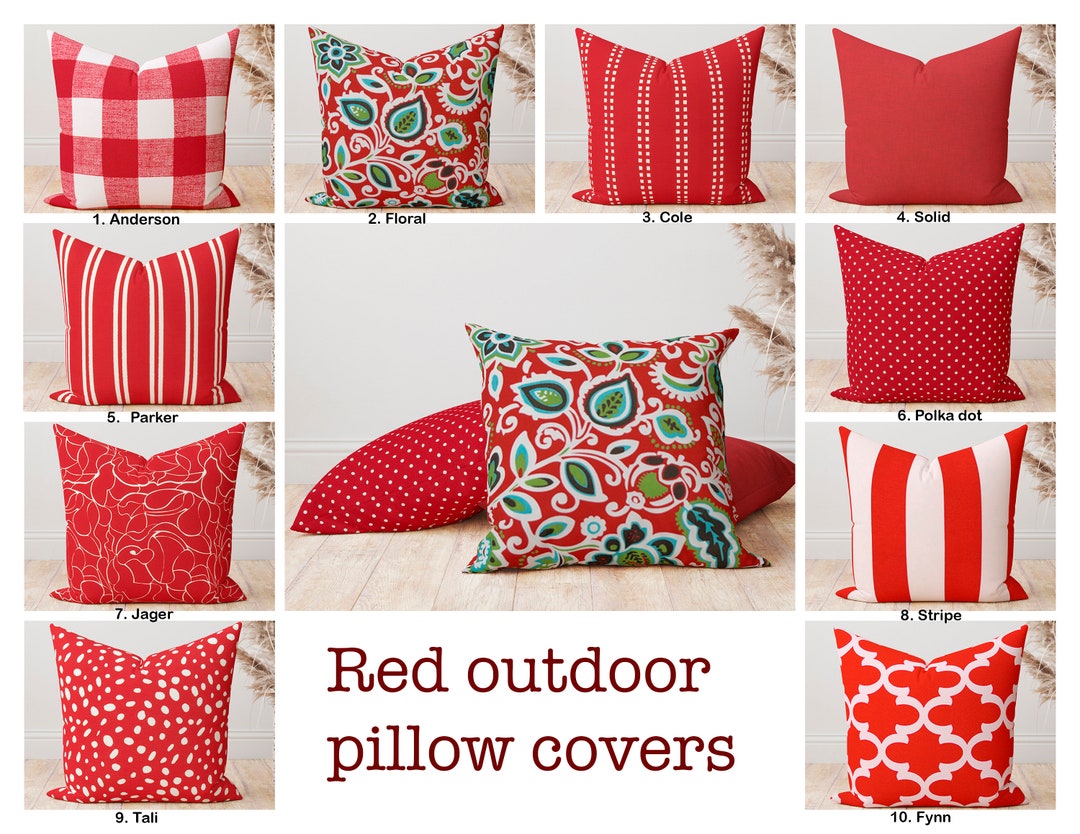 Red Outdoor Pillow Covers, Deep Red Stripe Polka Dot Floral Geometric ...