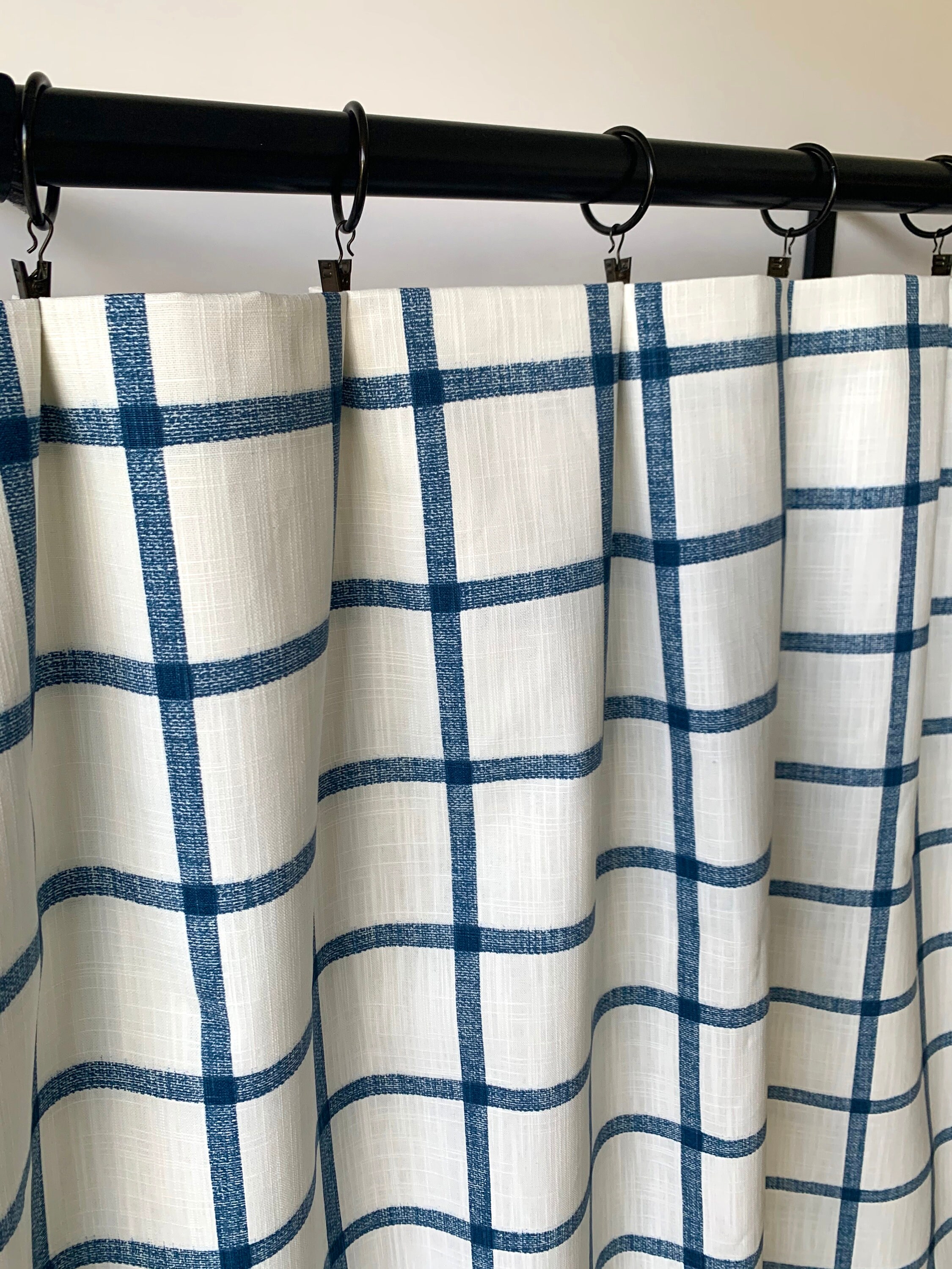 Navy Checkered Curtains, Navy Blue Curtains, 2 Curtain Panels, Blue ...