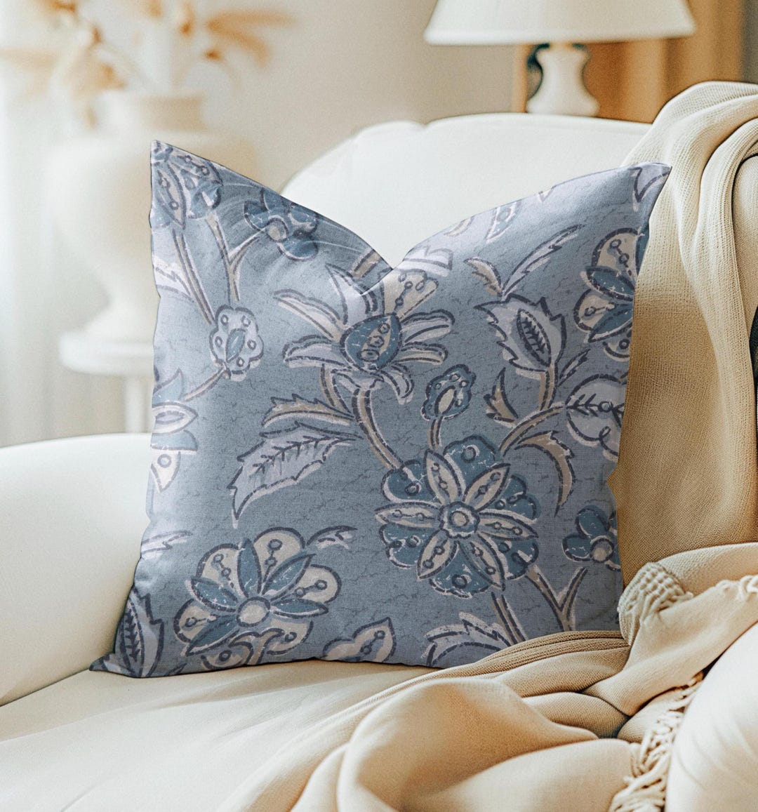 Magnolia Floral Pillow Cover, Steal Grey Blue Tan Beige Floral ...