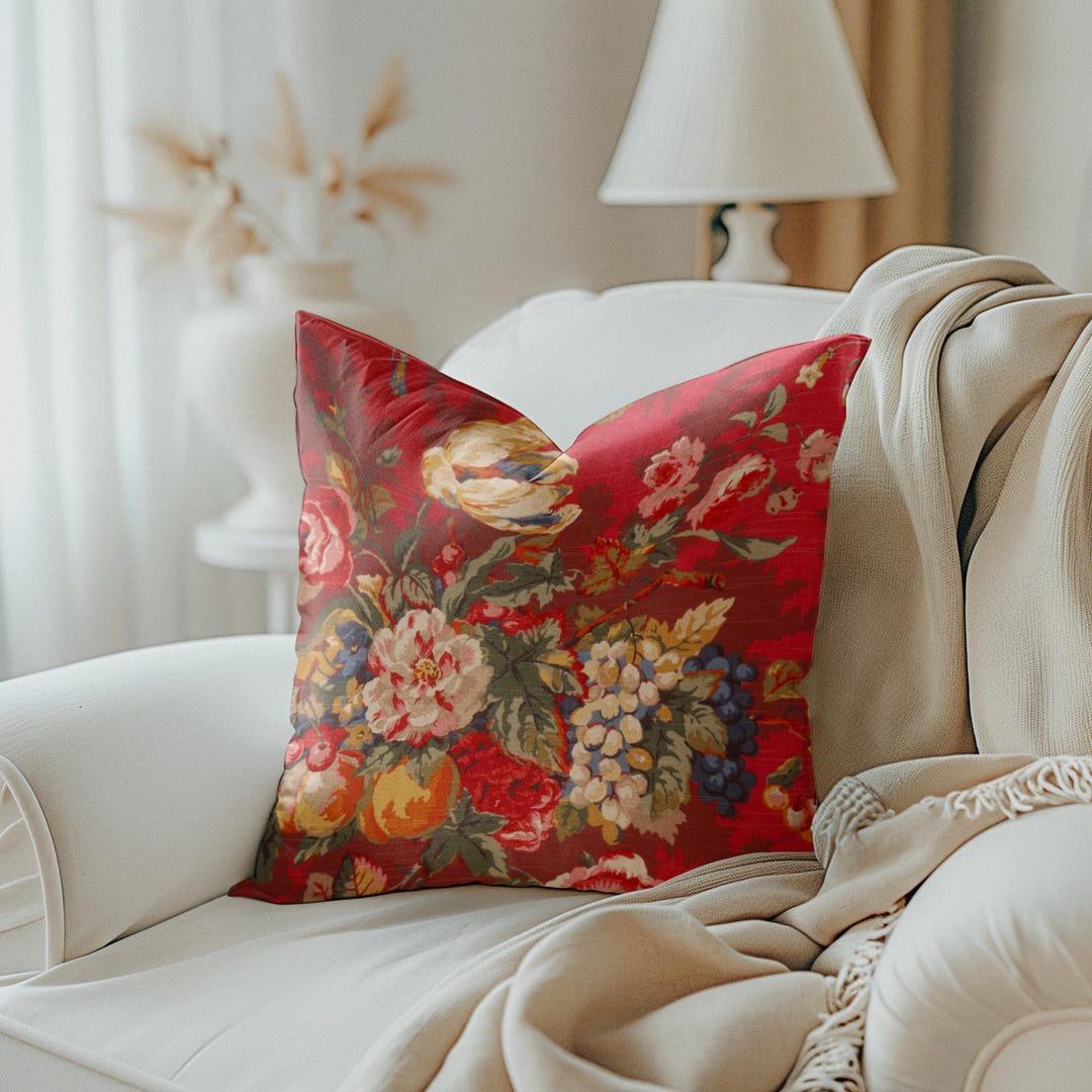 Crimson Red Floral Damask Pillow Cover, Deep Burgundy Red Floral Fruit ...