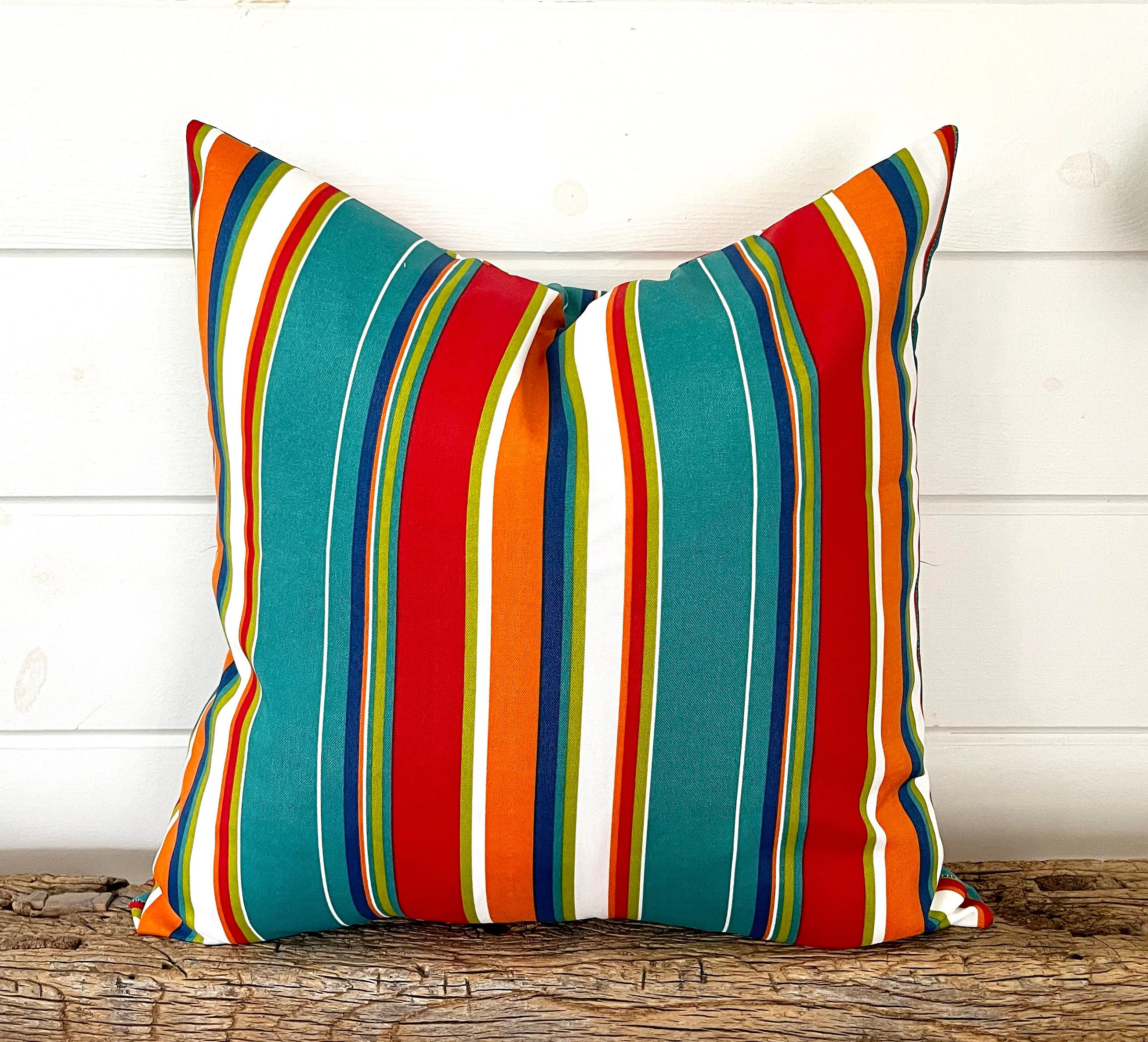 One Stripe Outdoor Pillow Covers, Turquoise Blue Red Orange Green ...