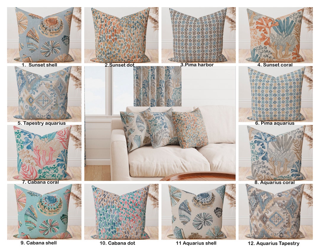 Magnolia Coastal Pillow Cover, Cushion, Blue Coral Turquoise Grey Tan ...