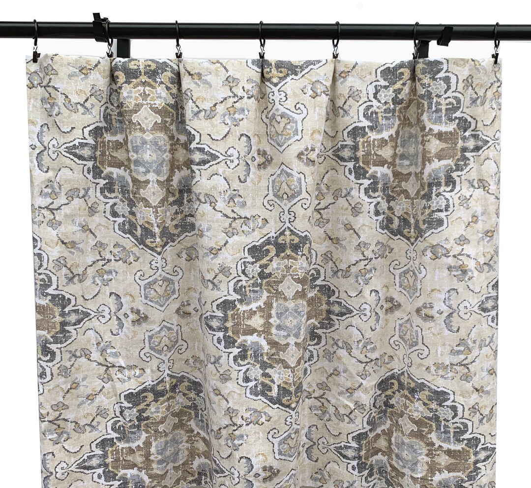 One Set of Covington Medallion Curtains, Tan Grey Cream Curtains, Ecru ...