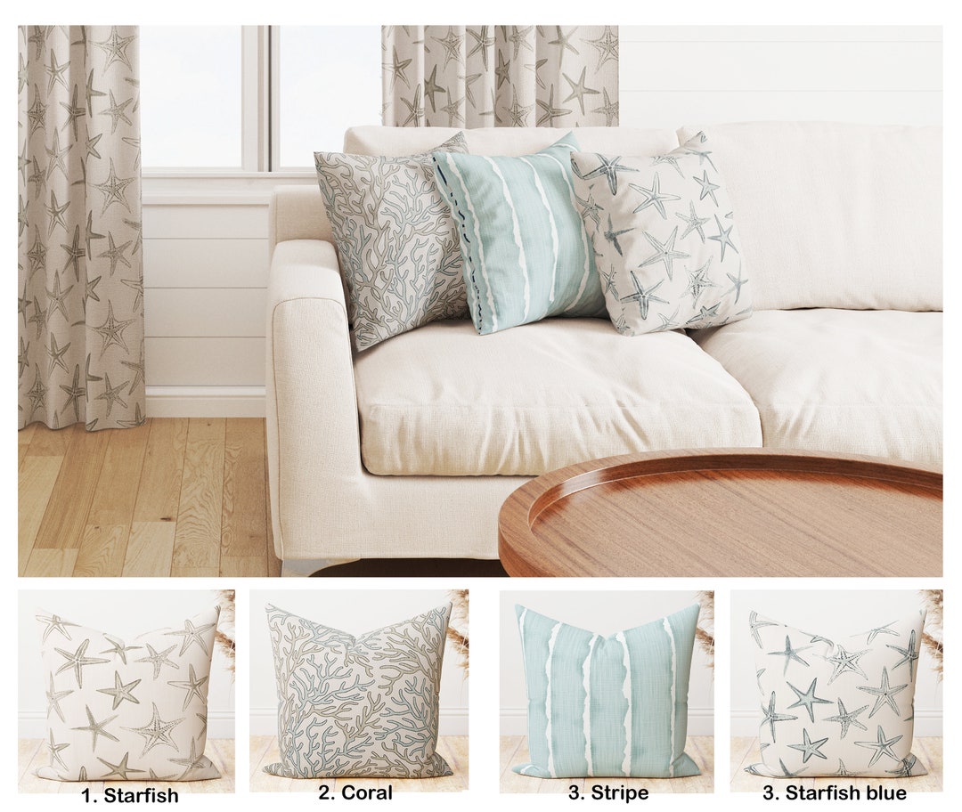 Scott Living Luxe Linen Coastal Pillow Cover, Beach Light Blue and Tan ...