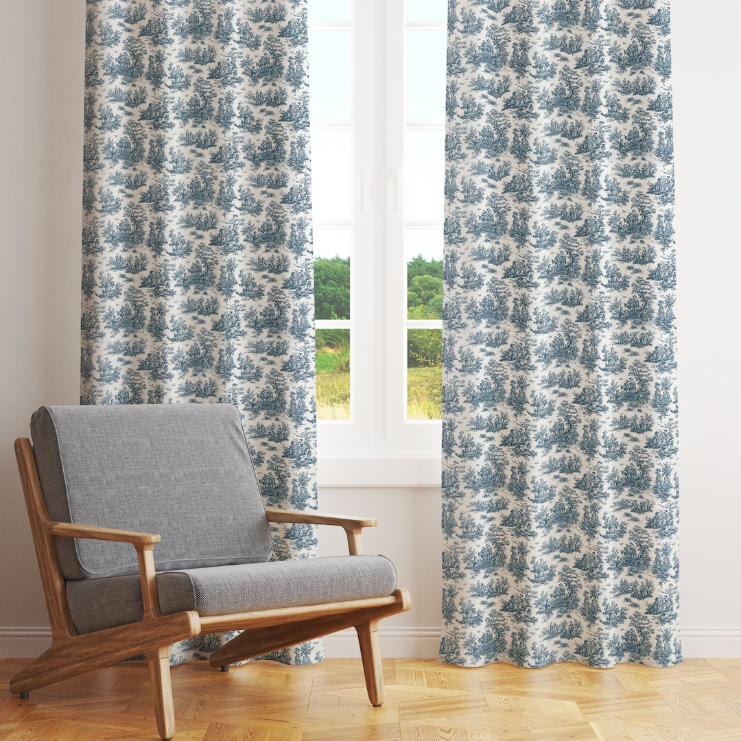 Navy Blue and White Toile Curtains, Dark Blue Curtain, 2 Curtain Panels ...