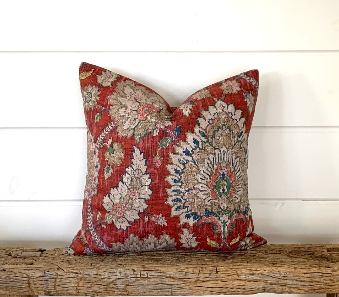 Waverly Pillow Cover, Dark Red Pillow, Red Floral Decorative Throw ...