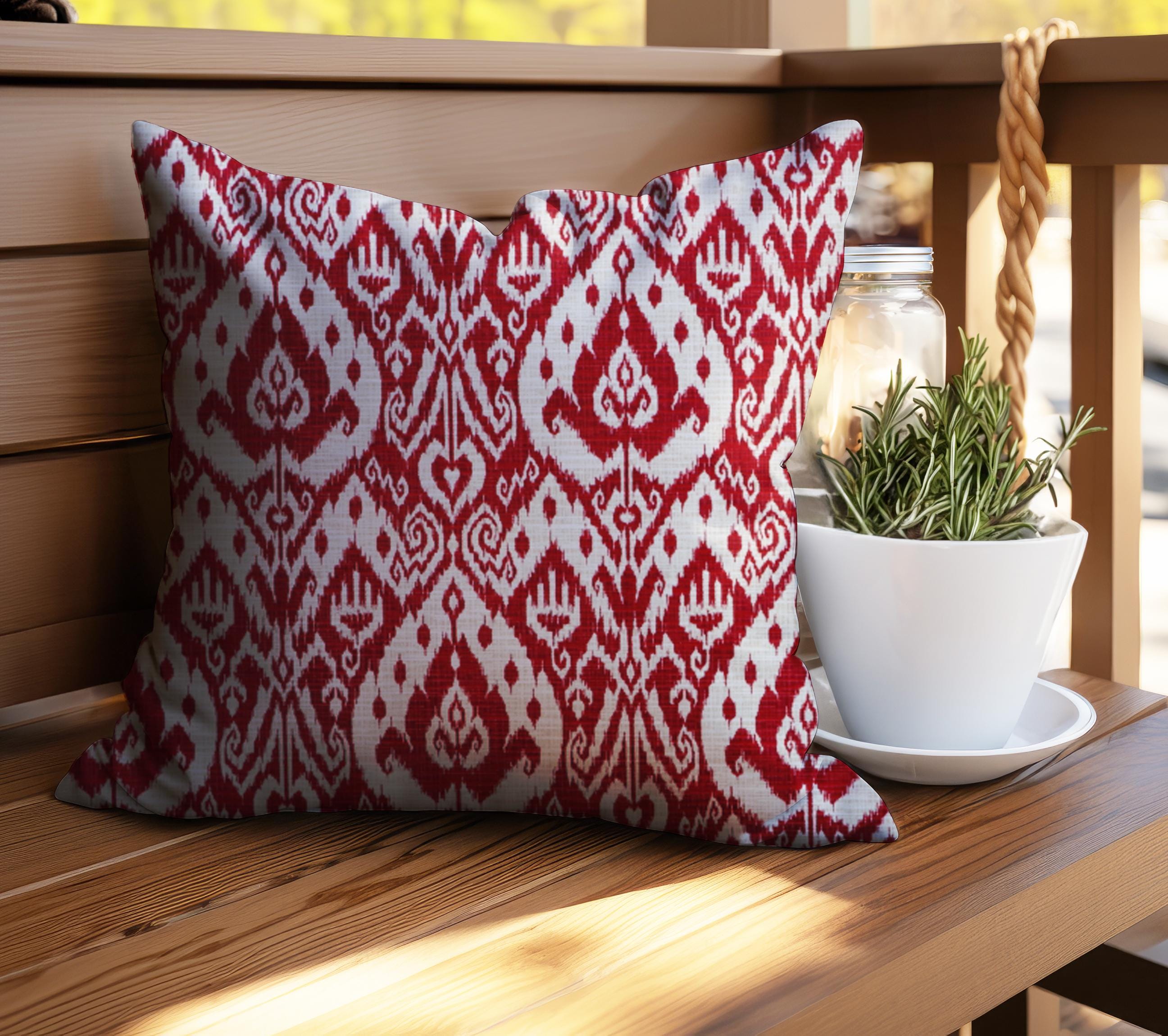 One Red Outdoor Pillow Covers, Dark Red Ikat Damask Paisley Decorative ...