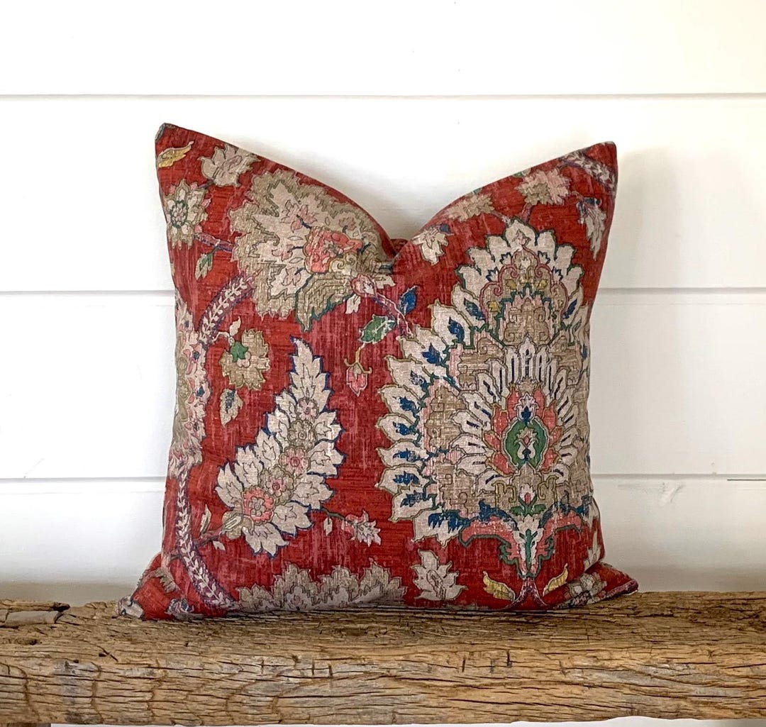Waverly Pillow Cover, Dark Red Pillow, Red Floral Decorative Throw ...