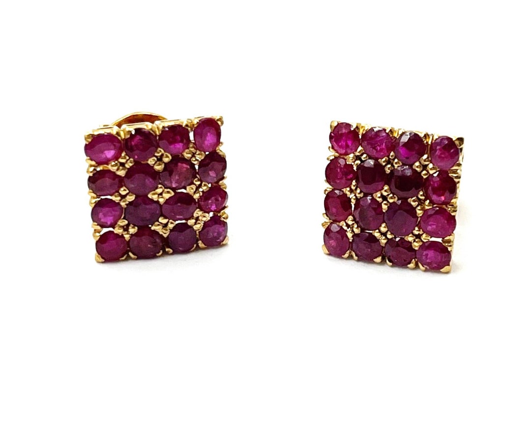 Vintage 18K 750 Yellow Gold 4 Carats Ruby Square Piercing Earrings ...