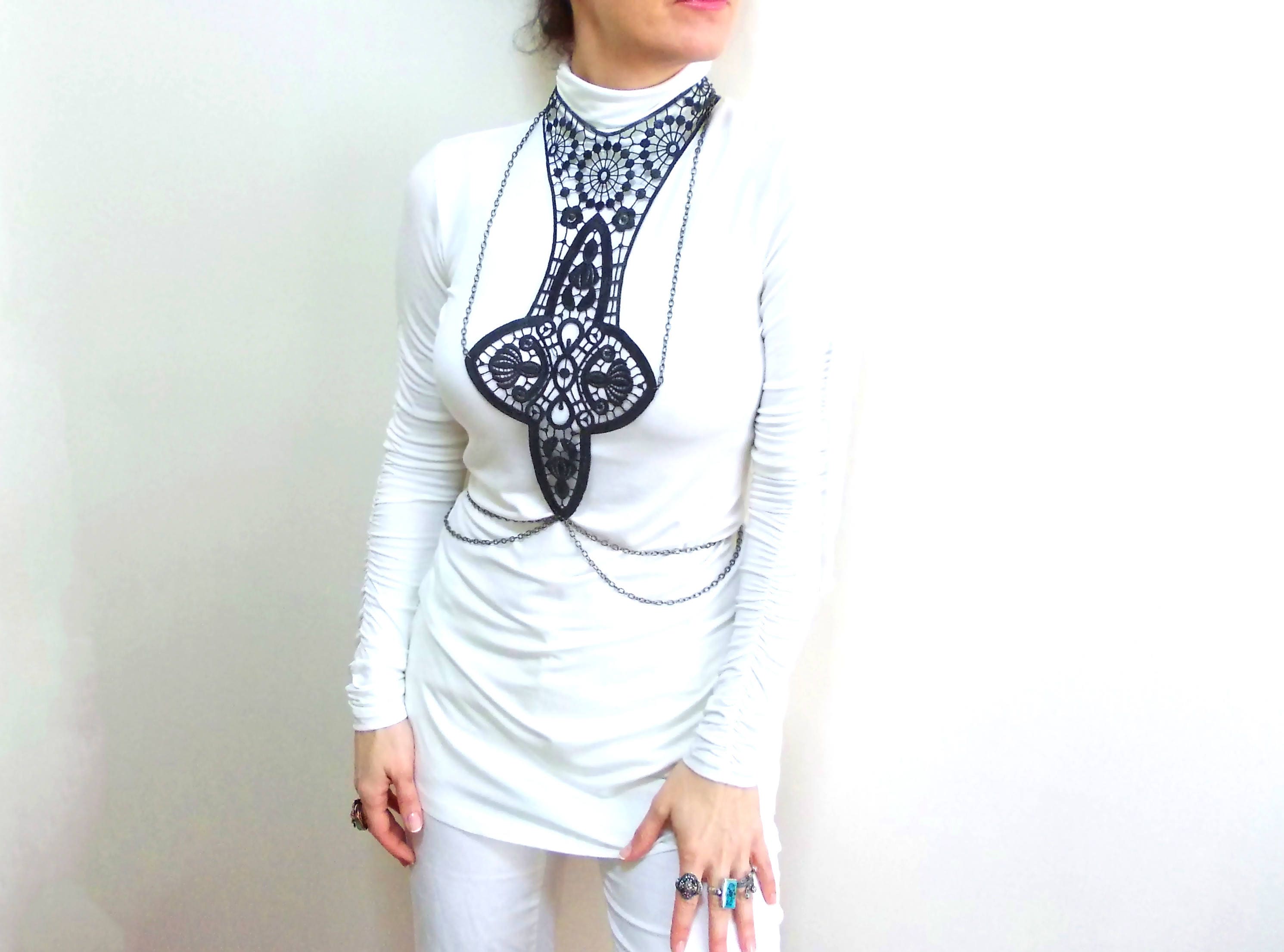 Black Lace Body Harness Necklace, Hand Painted Bold Chain Statement ...