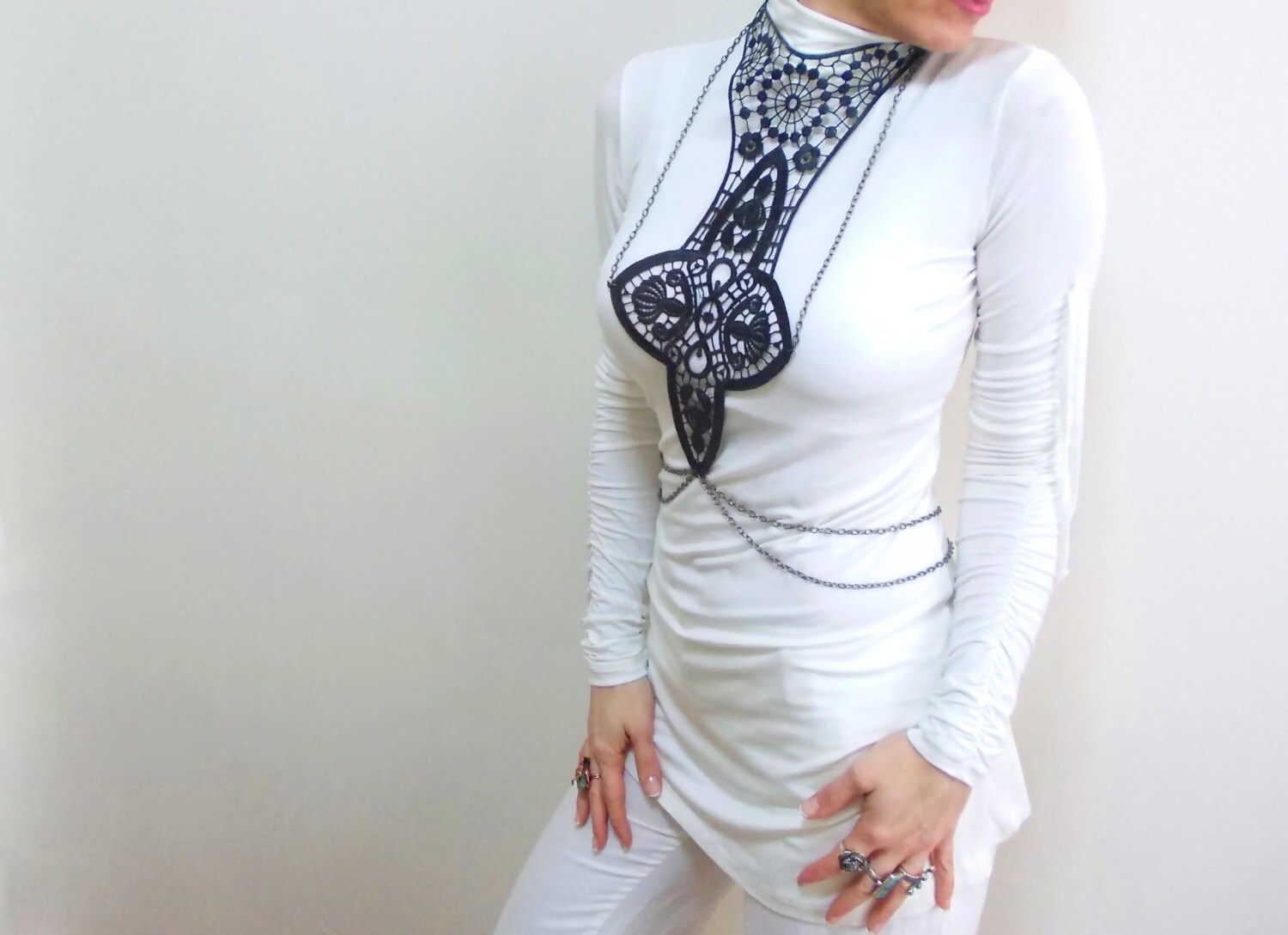 Black Lace Body Harness Necklace, Hand Painted Bold Chain Statement ...