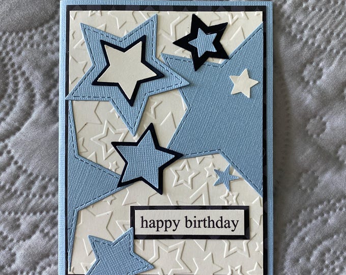 Handmade Card With Stars, HAPPY BIRTHDAY, Ivory, Black and Blue ...