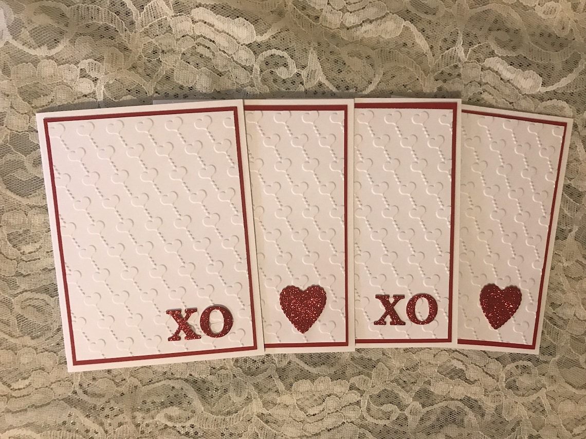 Greeting cards handmade set of 4 valentines red and white | Etsy
