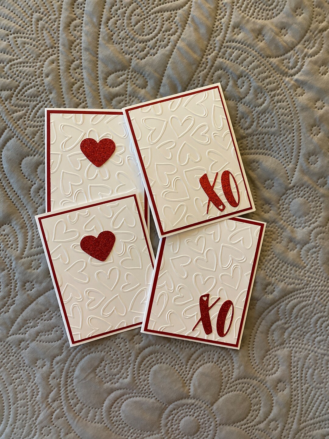 Greeting Cards Handmade Set of 4 Valentines, Red and White, Red Hearts ...