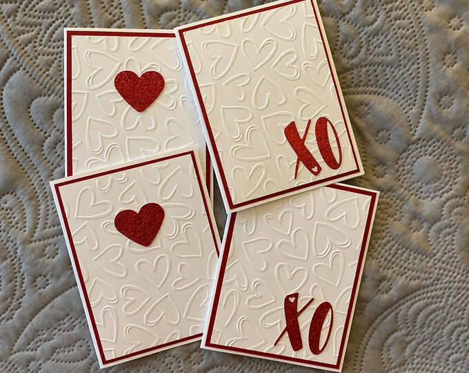Greeting Cards Handmade Set of 4 Valentines, Red and White, Red Hearts ...