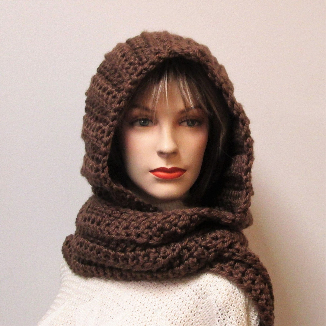 Chocolate Brown Hooded Scarf Crochet With Chunky Warm Acrylic Yarn - Etsy