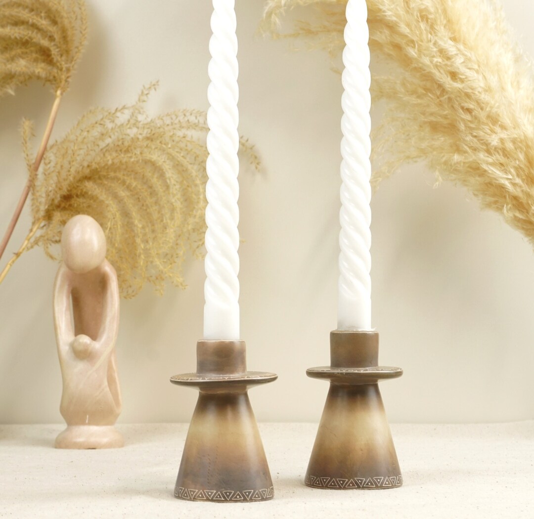 Pair of Hand Carved African Soapstone Candle Holders, Neutral Kenya ...