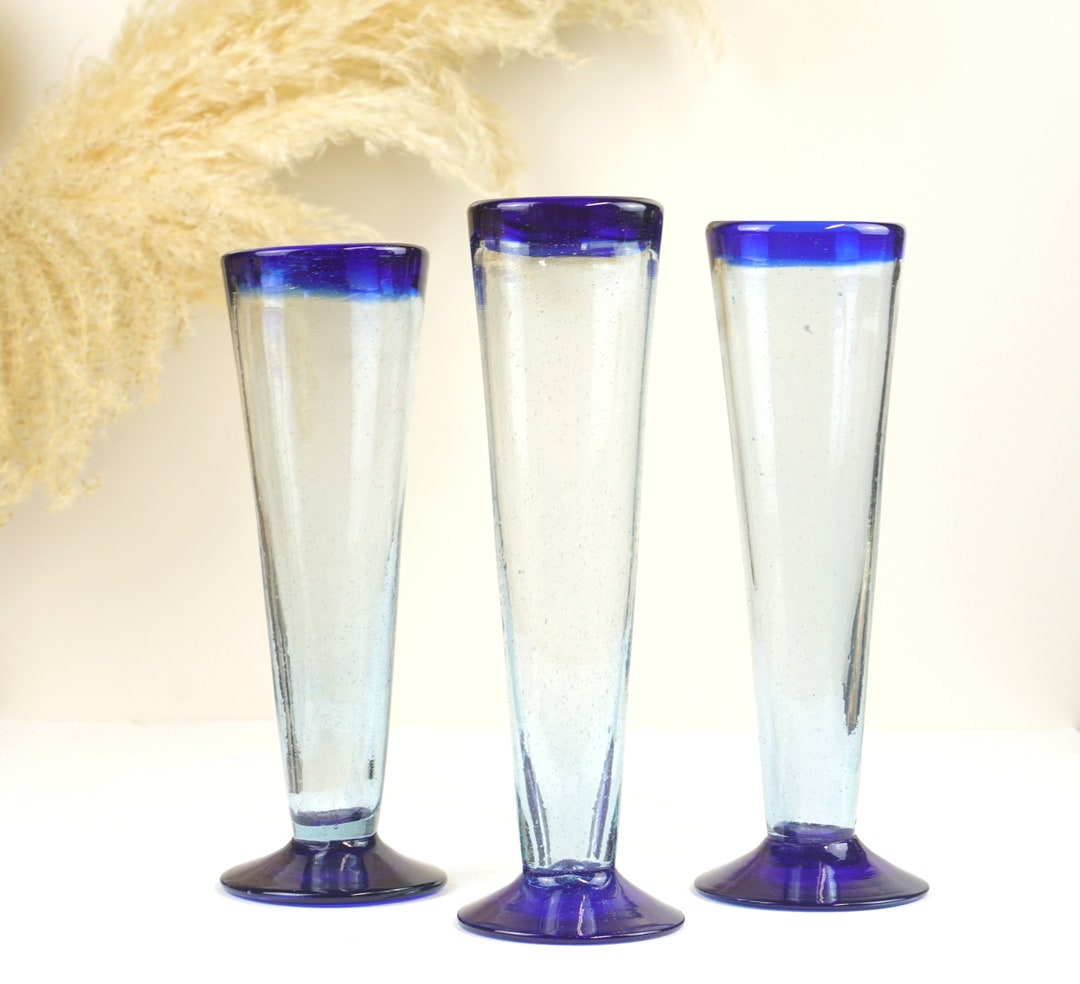 Vintage Hand Blown Mexican Glass Goblets, Cobalt Blue and Clear Bubble ...