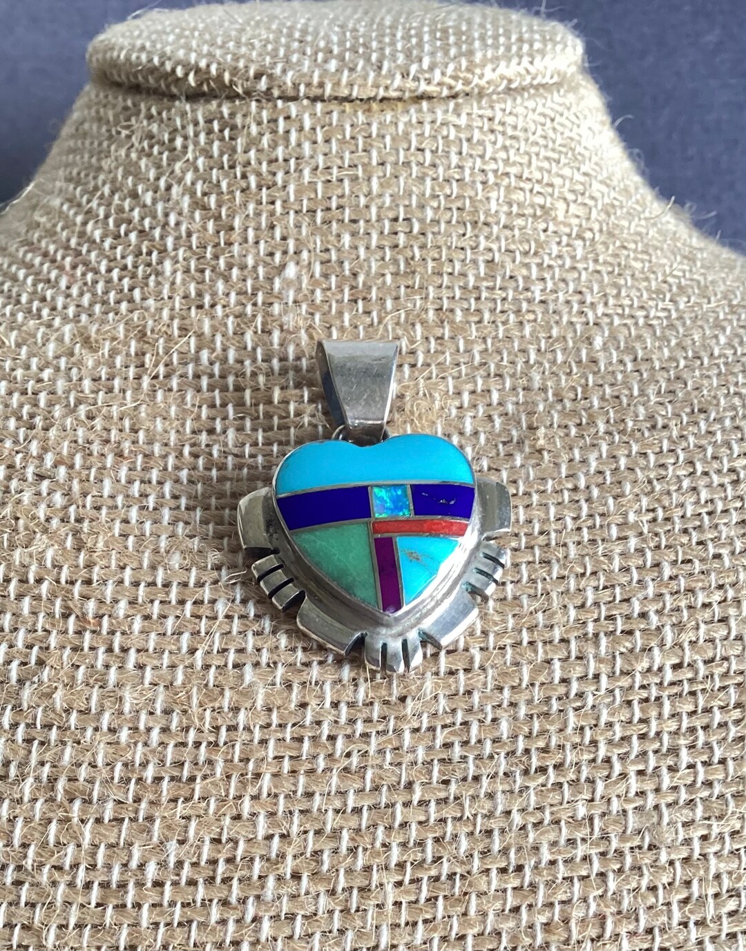 Vintage Zuni Heart Pendant Inlay Turquoise, Lapis Lazuli, Opal & Coral ...