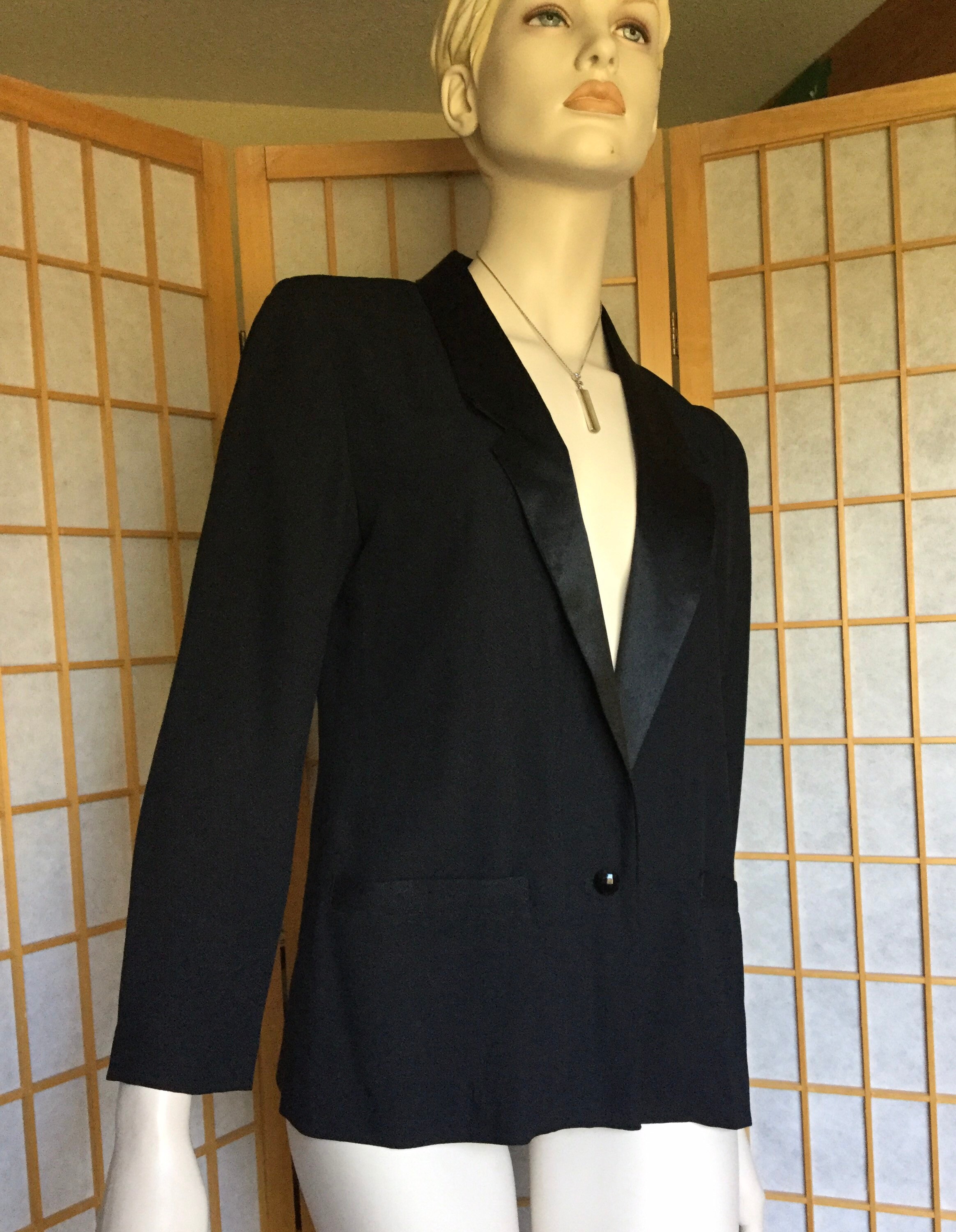 Black TUXEDO Jacket Blazer One Button Shiny Lapels Women CLASSIC - Etsy